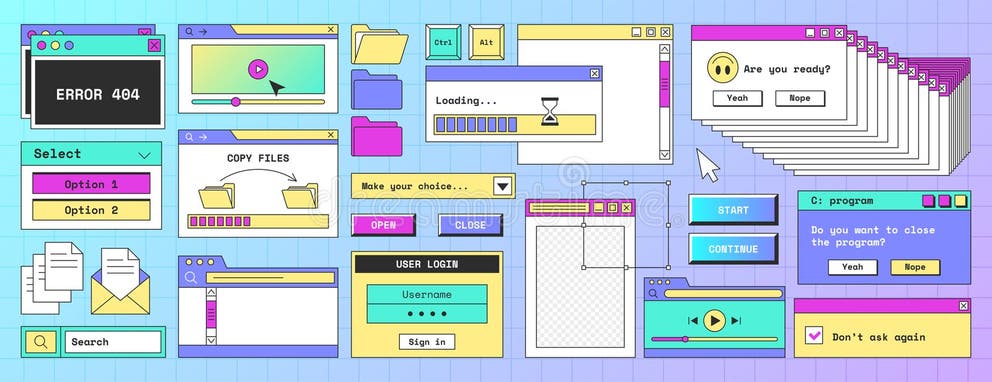 Retro Computer Screen Interface With Windows Folder File And Message Frames Stock Vector