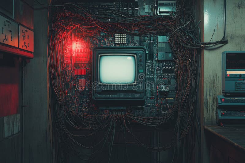 Retro Computer Interface with Glowing Red Lights and Messy Wires Evokes ...