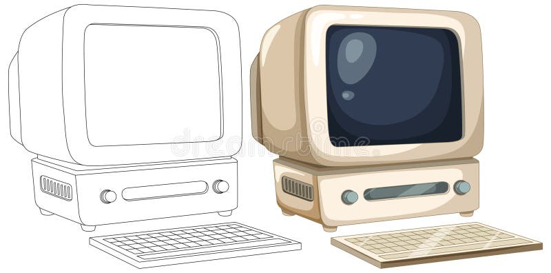 Retro Computer with Keyboard Vector , One Outline and Color Stock ...