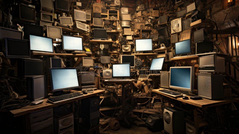 Retro Computer Monitors Various Data Located on Desk in Dark Room of ...