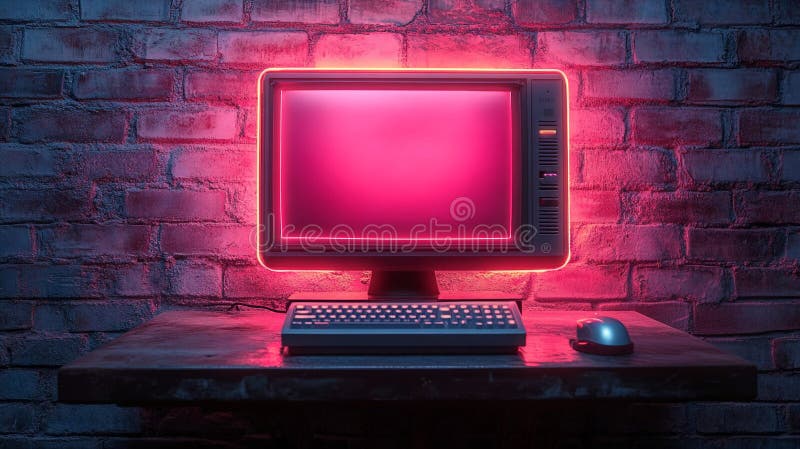 A Retro Computer Mounted on a Table in Front of a Brick Wall. Stock ...