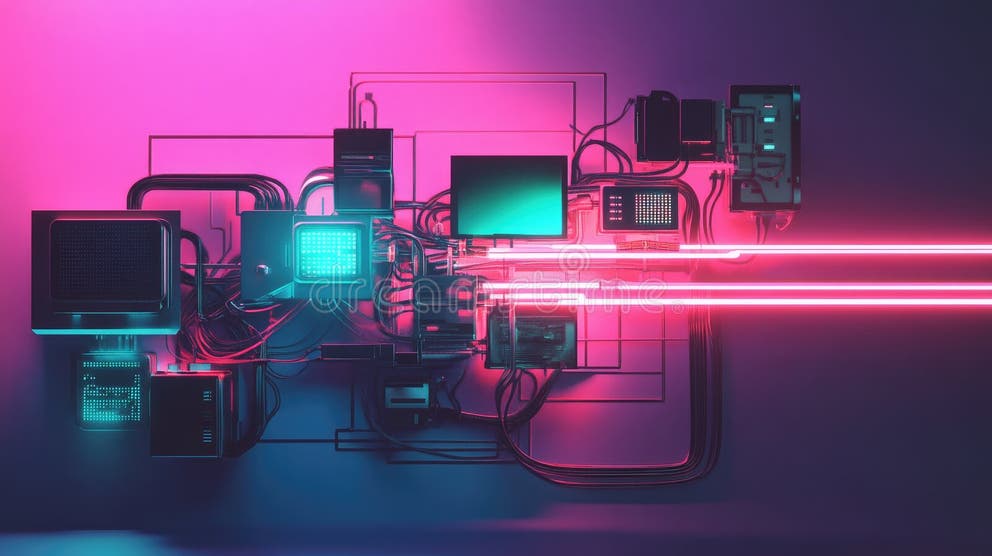 Retro Computer Network with Neon Light Streaks Stock Illustration ...