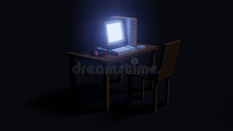 Retro Computer Old Technology on Table with Chair at Night. Low Poly 3D ...