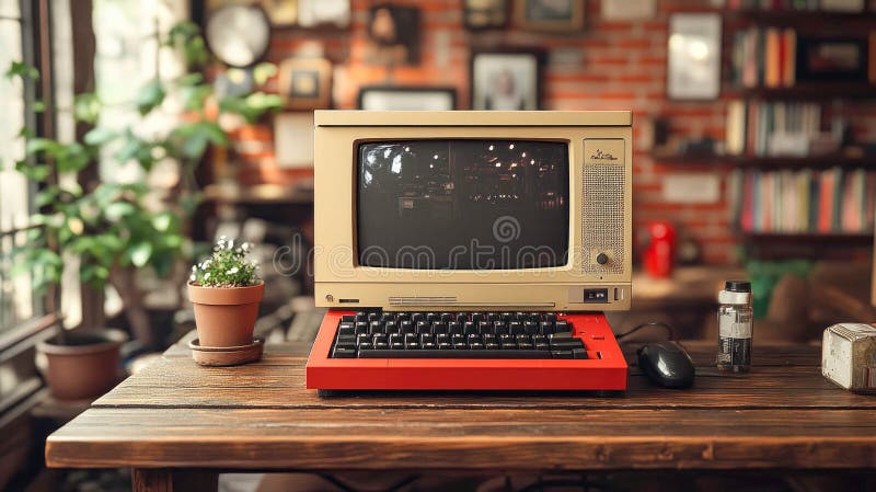 A Retro Computer from the 1980s Sits on a Cluttered Desk in a Nostalgic Office Environment ...