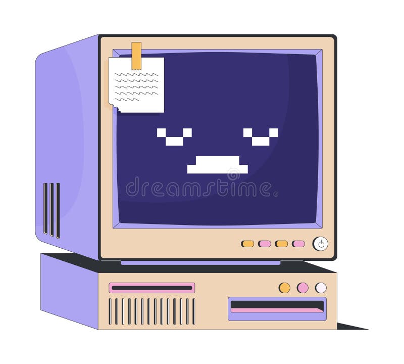 Retro Computer with Sad Pixel Face and Sticky Note 2D Cartoon Object ...