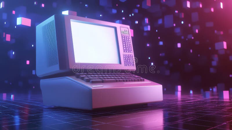 Retro Computer with Sci Fi Background, Glowing Cubes Create Vibrant ...