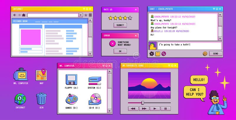 Retro Computer Screen Interface In 90s Style Stock Vector