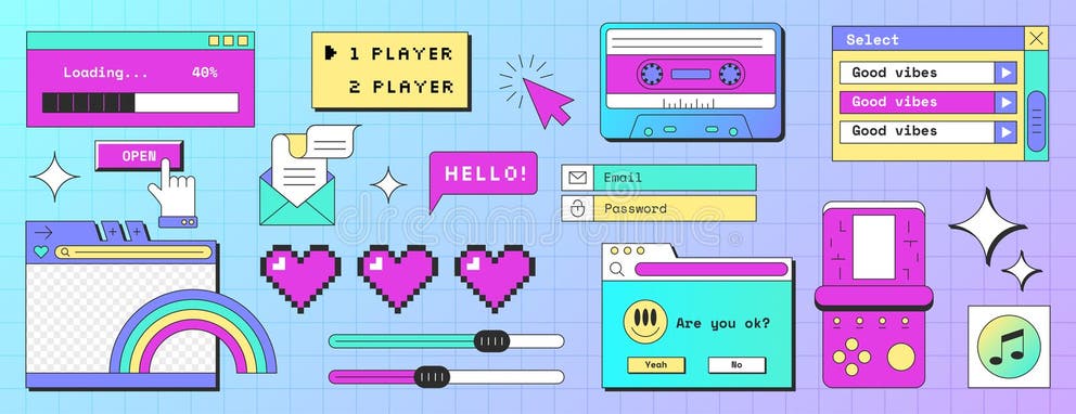 Retro Computer Screen Interface with Windows, Email, Popup Notification ...
