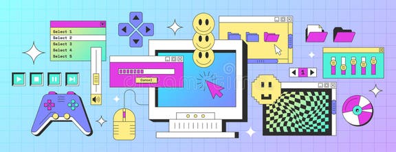 Retro Computer Screen Interface with Windows, Folder, Buttons, Happy ...
