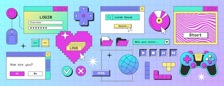 Retro Computer Screen Interface with Windows, Folder, Popup Notification, Browser and Message ...