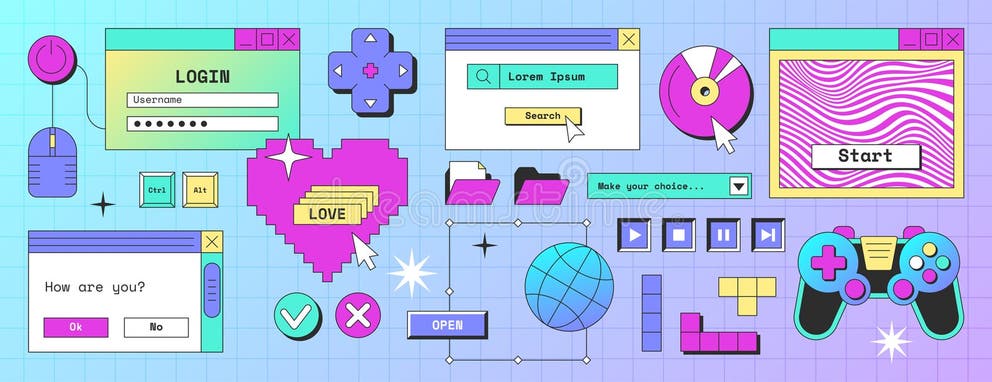 Retro Computer Screen Interface with Windows, Folder, Popup ...