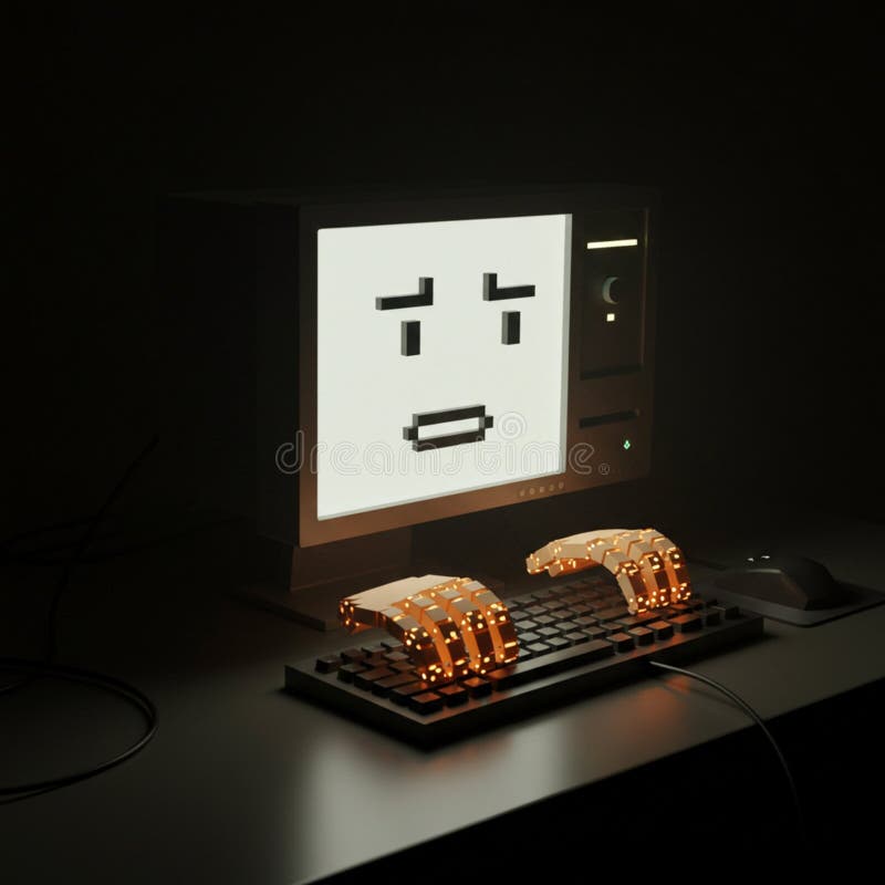 A Retro Computer Setup Features a Monitor Displaying a Pixelated Face ...