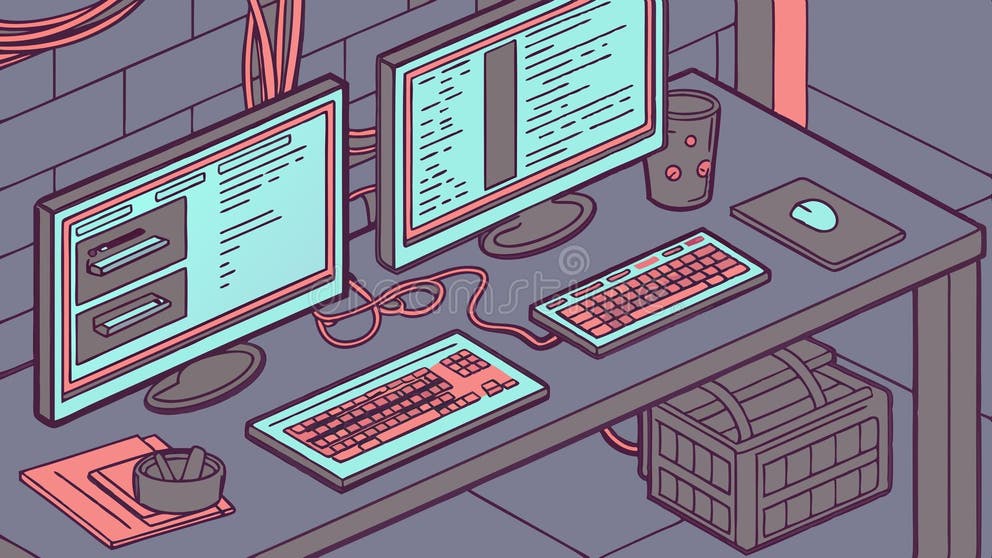Retro Computer Setup, Vintage Tech and Workspace Scene Vector Design ...