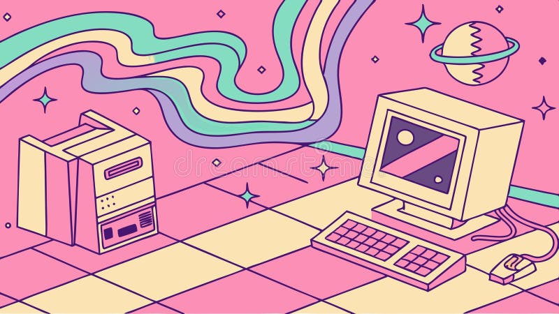 Retro Computer Setup, Vintage Technology and Workspace Vector Design ...