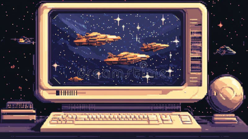 Retro Computer with Space Game Display, Nostalgic Gaming Art Concept ...