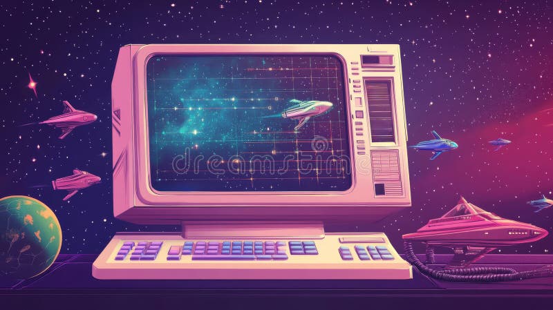 Retro Computer with Space Theme, Nostalgic Sci-fi Concept Stock Photo ...