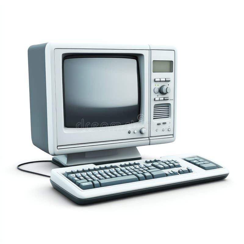 Vintage Computer with CRT Monitor and Keyboard on White Background ...