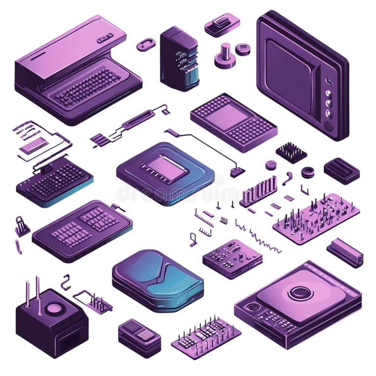 Retro Computer Technology Components Exploded View Illustration Showing ...