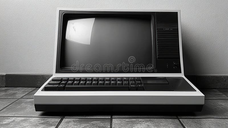 Retro Computer on Tiled Floor, Monochrome, Empty Screen Stock ...