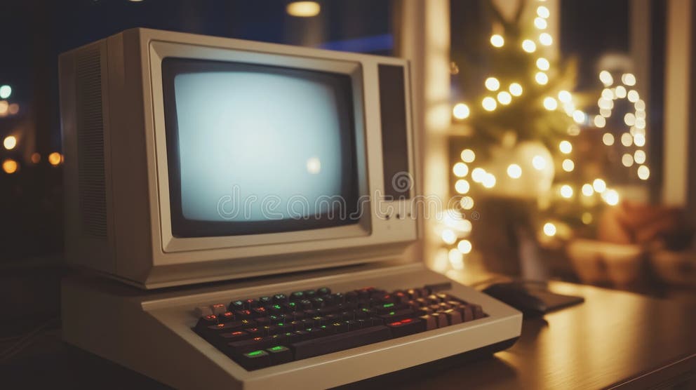 Retro Computer with Vibrant Screen Display on Office Desk Stock Image ...