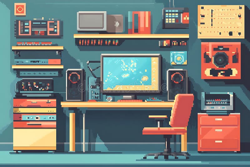 Retro Computer Workstation in Pixel Art Style Stock Illustration ...