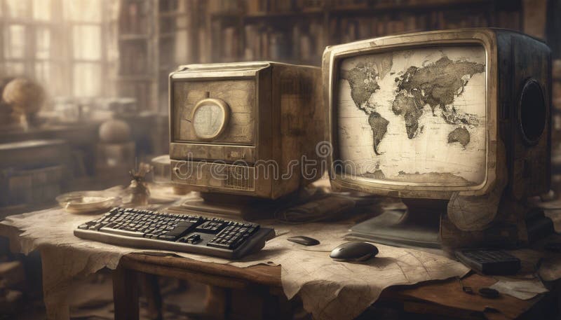 Retro Computer with a World Map on the Screen in an Old Office Stock ...
