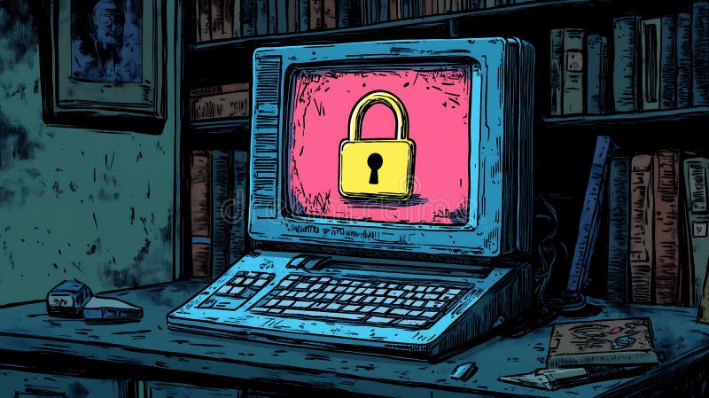 Retro Computer with a Yellow Lock Icon in a Library Setting, Surrounded ...