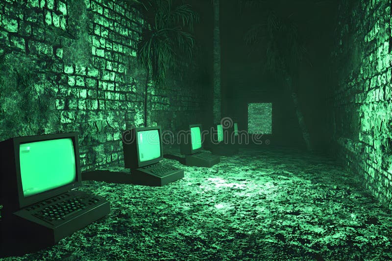 Retro Computers in a Dark, Overgrown Brick Tunnel Stock Illustration ...