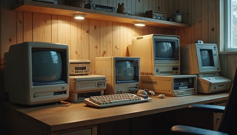 Retro Computers Desktop Office. Vintage Personal Tech Workspace. Classic Computer Monitors ...
