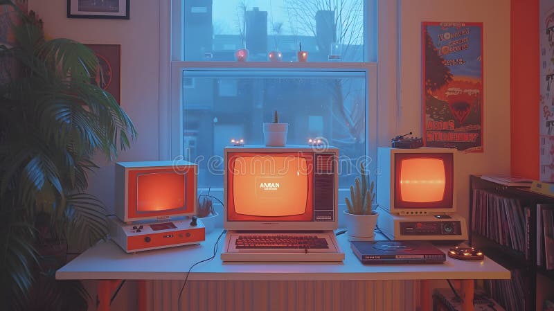 Retro Computers and Neon Ambiance Stock Illustration - Illustration of ...