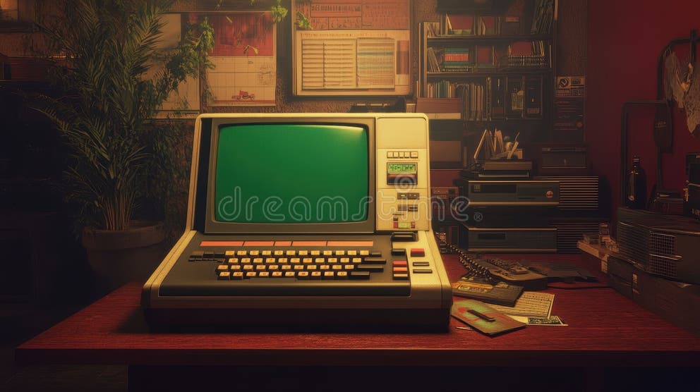 Retro Computing Vintage Green Screen PC on a Cluttered Desk in a Warmly ...