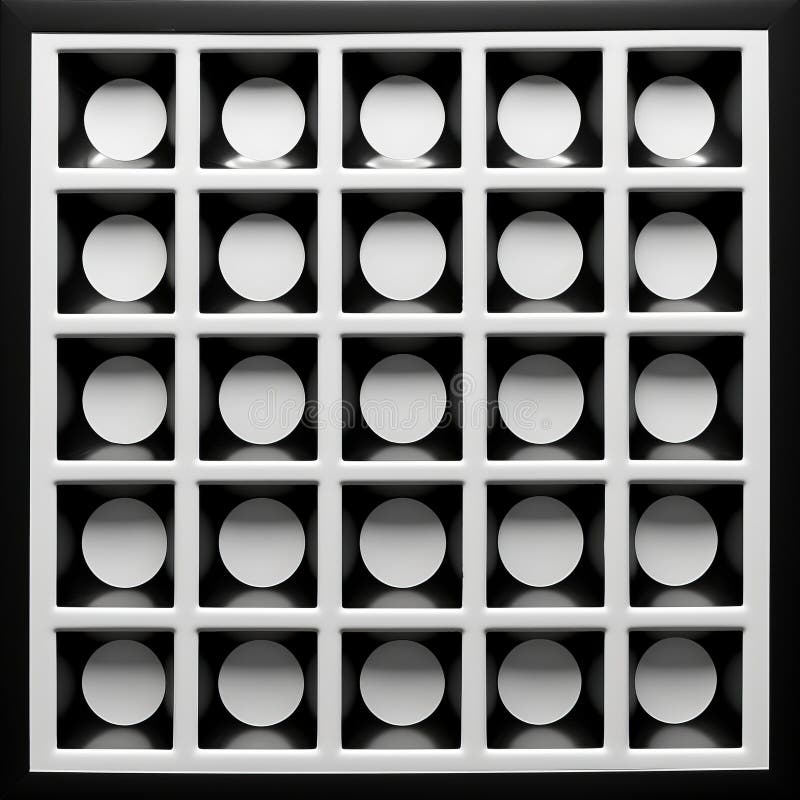 Retro Conceptual Sculpture: Circles in Square Grid on Black Background ...