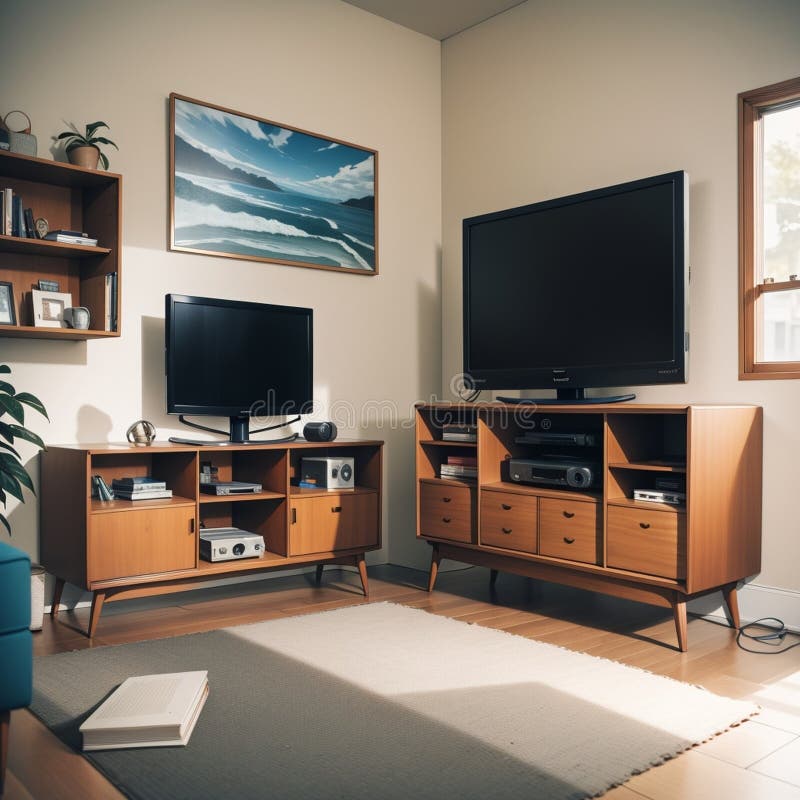 Retro Console Television in Mid-century Living Room Stock Photo - Image ...