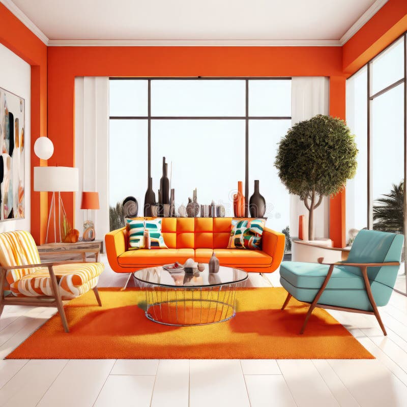 Retro Contemporary Living Room with a Mix of Retro and Modern L Stock ...