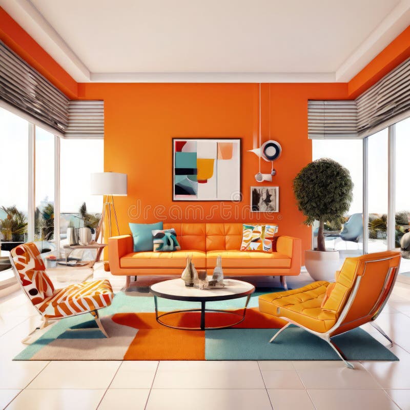 Retro Contemporary Living Room with a Mix of Retro and Modern L Stock ...