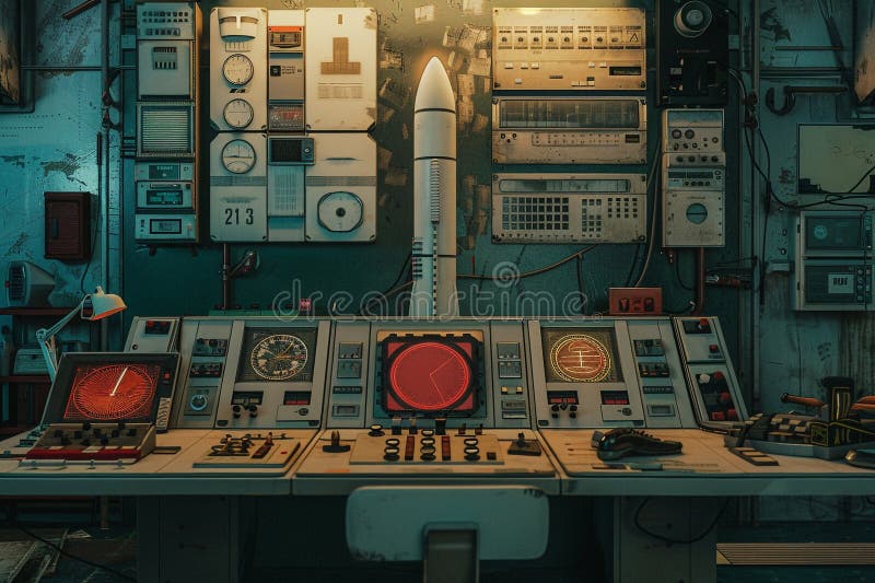 A Retro Control Room with Analog Dials and Levers Overseeing the Launch ...