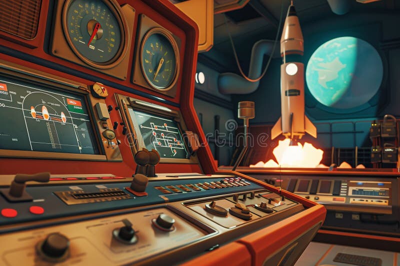 A Retro Control Room with Analog Dials and Levers Overseeing the Launch ...