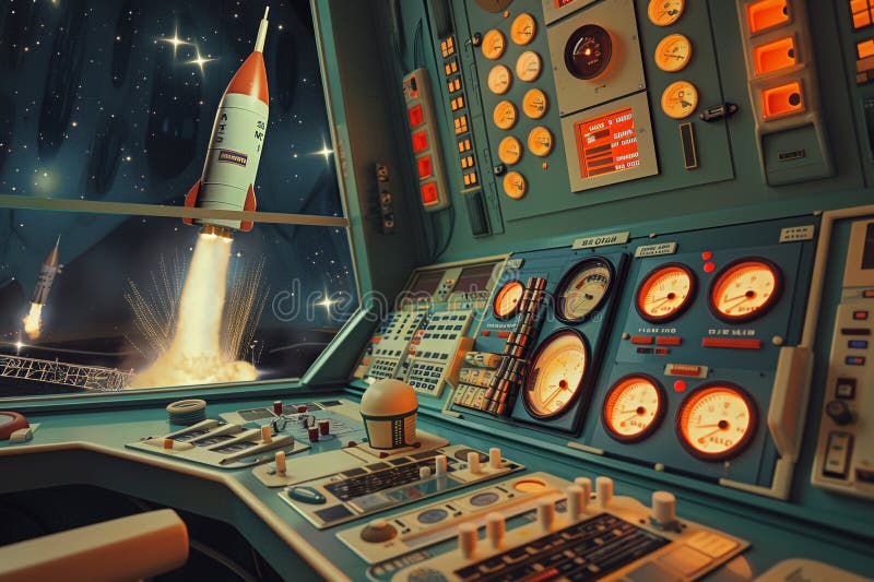 A Retro Control Room with Analog Dials and Levers Overseeing the Launch ...