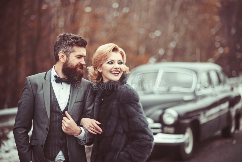 Retro Couple Against Old Car. Couple in Love. Stock Photo - Image of ...