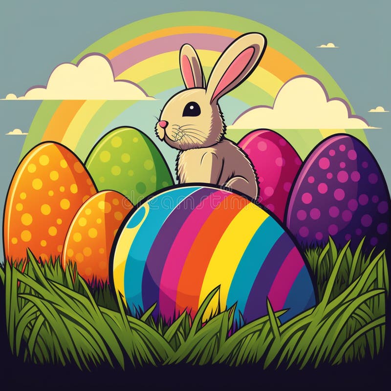 Retro Cute Cartoon Easter Bunny Sitting between Colourful Easter Egg on ...