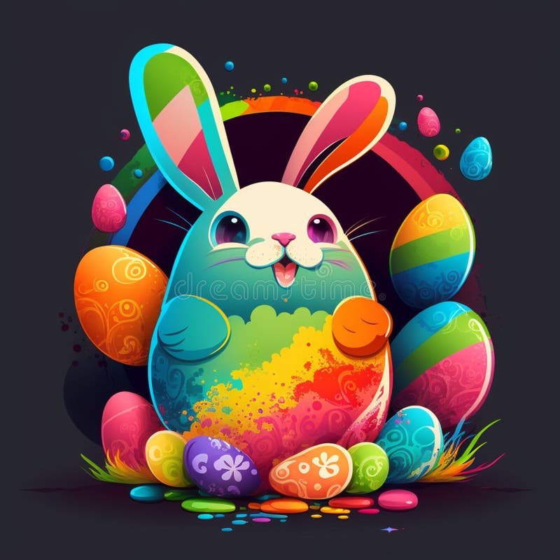 Retro Cute Cartoon Easter Bunny Sitting in a Colourful Easter Egg with ...