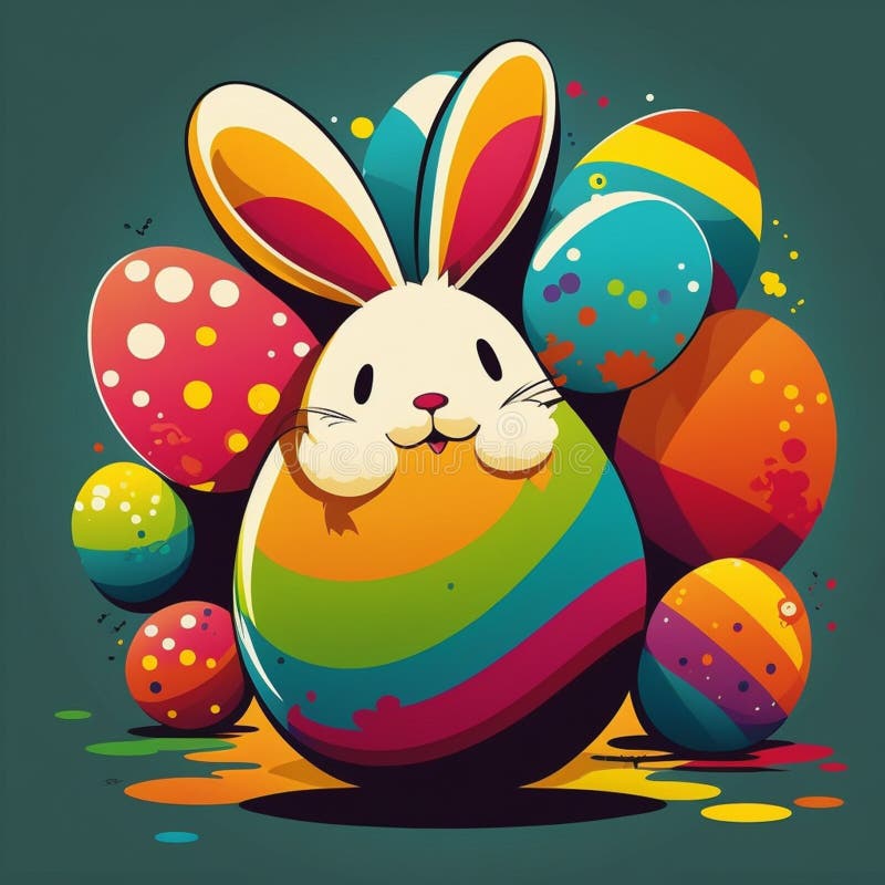 Retro Cute Cartoon Easter Bunny Sitting in a Colourful Easter Egg Stock ...