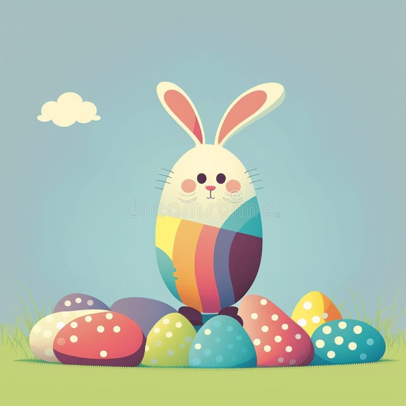 Retro Cute Cartoon Easter Bunny Sitting on Dotted Easter Eggs with Blue ...