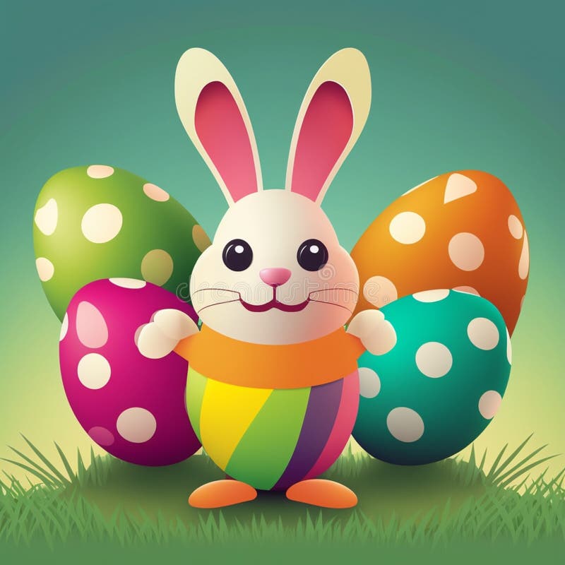 Retro Cute Cartoon Easter Bunny Sitting on the Grass, with Dotted ...