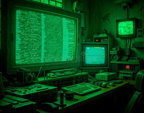Retro Cyberdeck Server Stacks with CRT Interfaces Displaying Green Code ...
