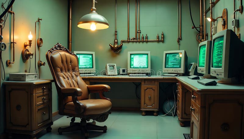 Retro Data Center Interior with Vintage Computers and Classic Design ...