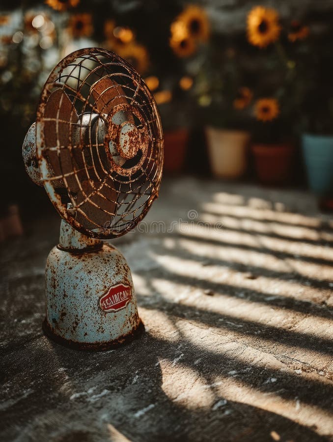 Retro Decay Object Series – Rusty Table Fan in Sunlit Workshop Stock ...