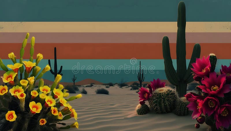 Retro Desert Dawn with Vibrant Blooms. Stock Illustration ...