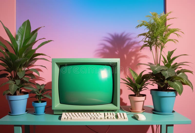 Retro Desktop Computer with Green CRT Monitor Stock Illustration ...