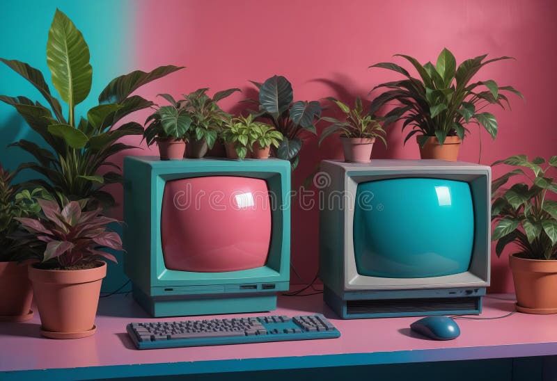 Retro Desktop Computer with Green CRT Monitor Stock Illustration ...